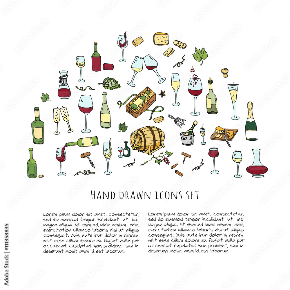 Hand drawn wine set icons Vector illustration Sketchy wine tasting ...