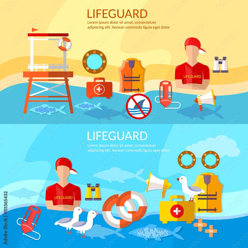 Lifeguards banners work of a professional lifeguard on the beach Stock ...