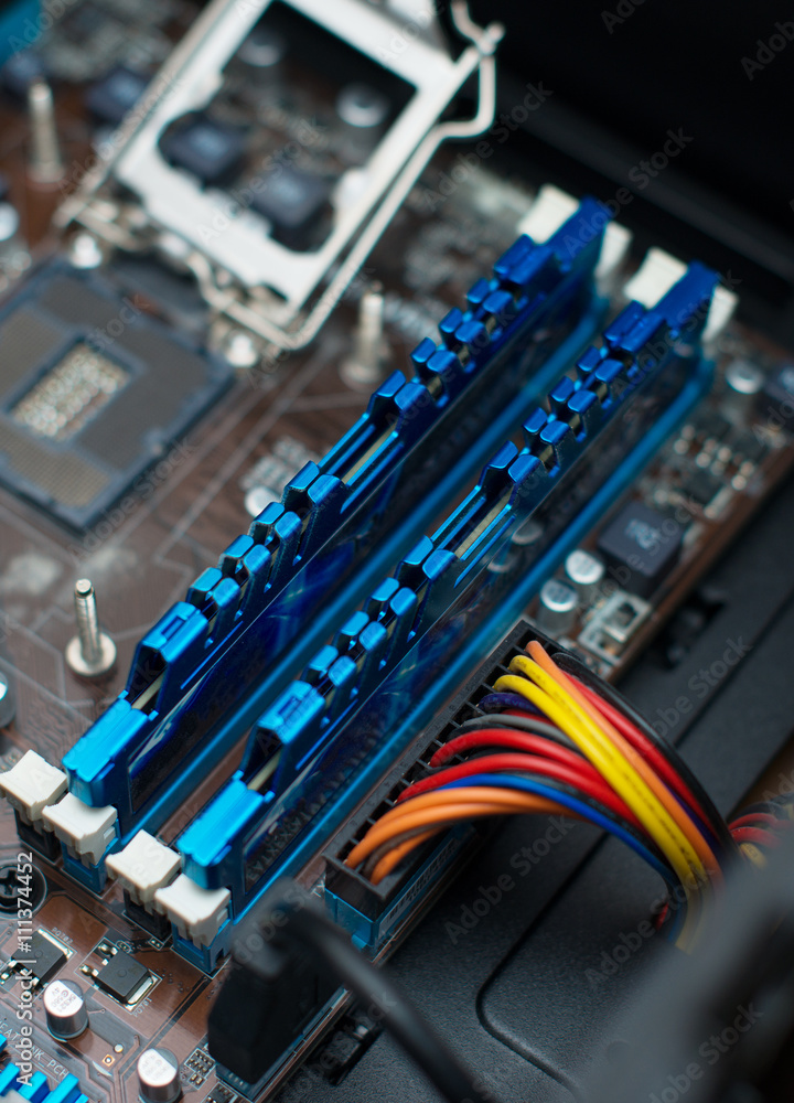 Inside of pc. Motherboard, CPU socket and RAM memory. Stock Photo ...