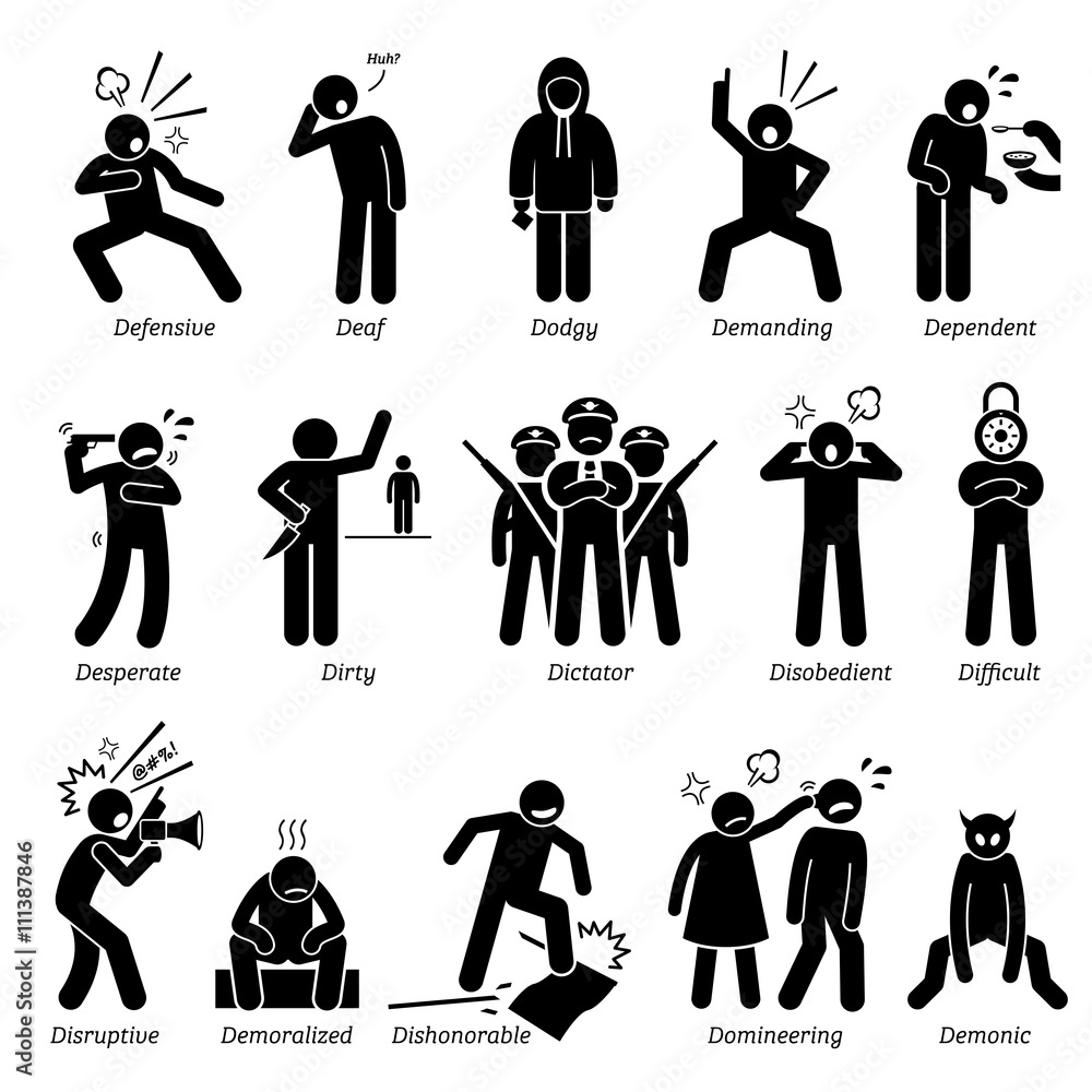 Negative Personalities Character Traits. Stick Figures Man Icons ...