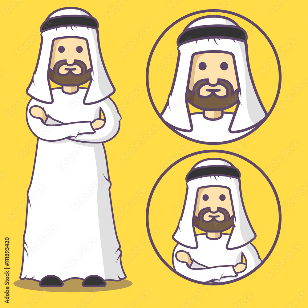 Arab cartoon in traditional national muslim clothes. Vector arab emoji ...