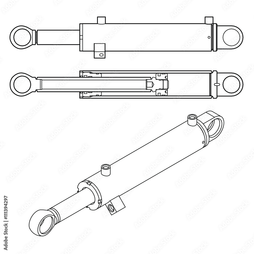 Hydraulic actuator. Front view, incision and axonometry. Stock Vector ...