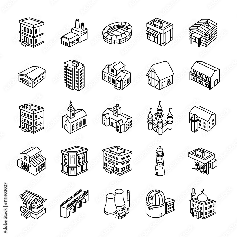 Buildings outlines vector icons Stock Vector | Adobe Stock