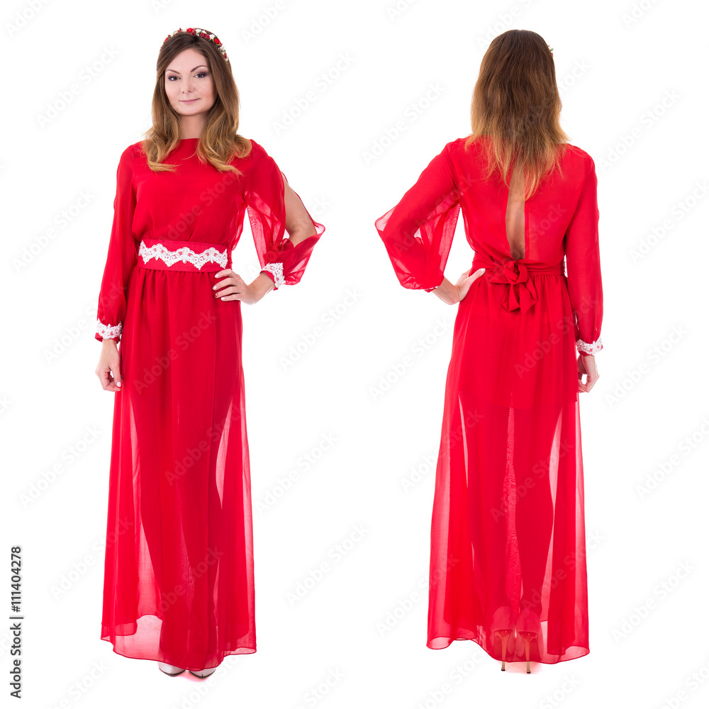 front and back view of young gorgeous woman in red dress isolate Stock ...