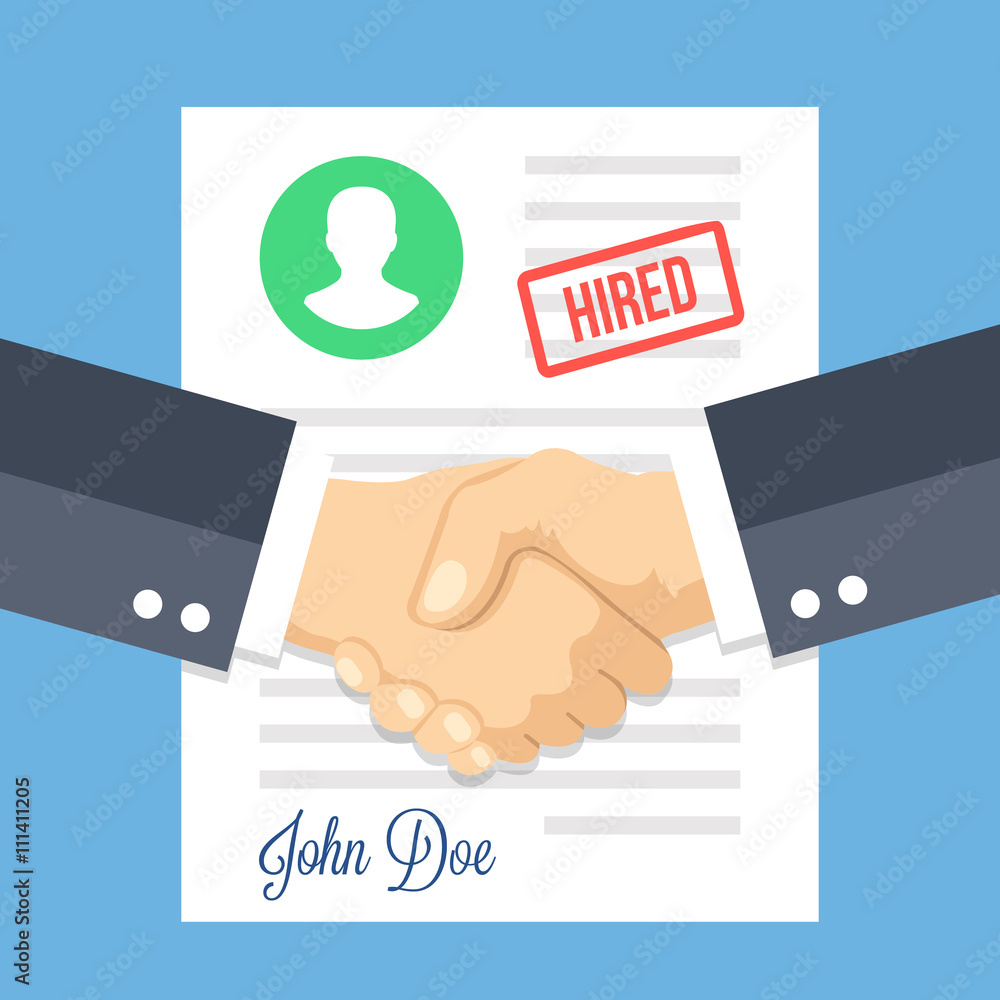 Job application with hired stamp and handshake. Employment issues ...