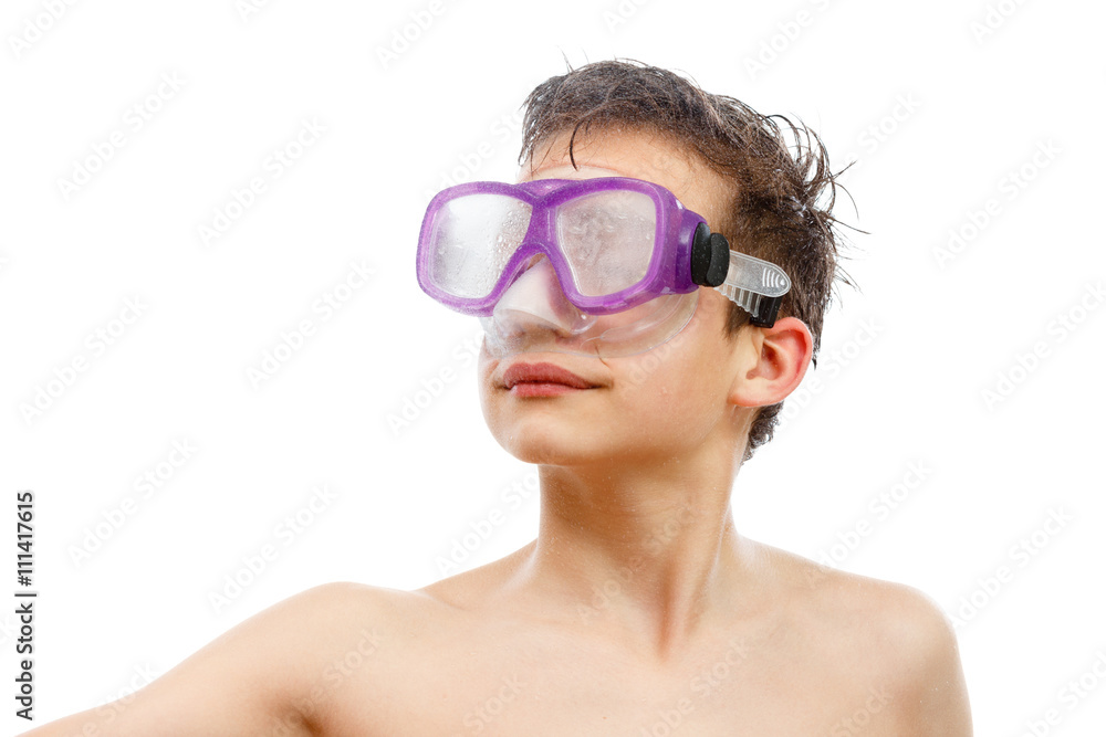 Boy diver in swimming mask with a happy face close-up portrait ...