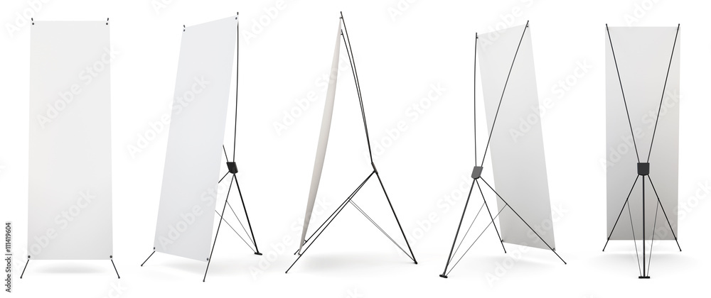 Set of banner x-stands display isolated on white background. 3d render ...