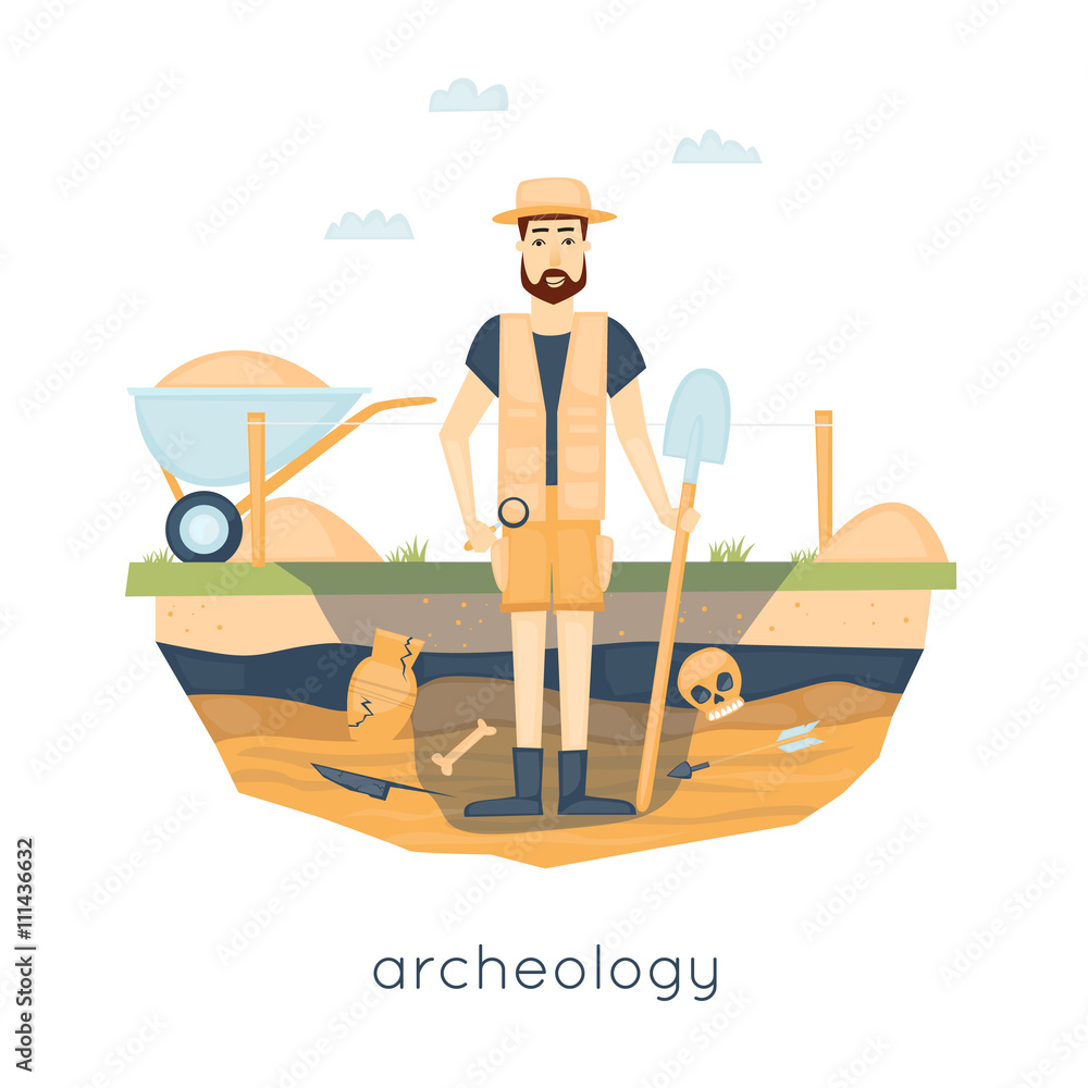 Archeology. Archaeologist leading the excavations, discovering a jug ...