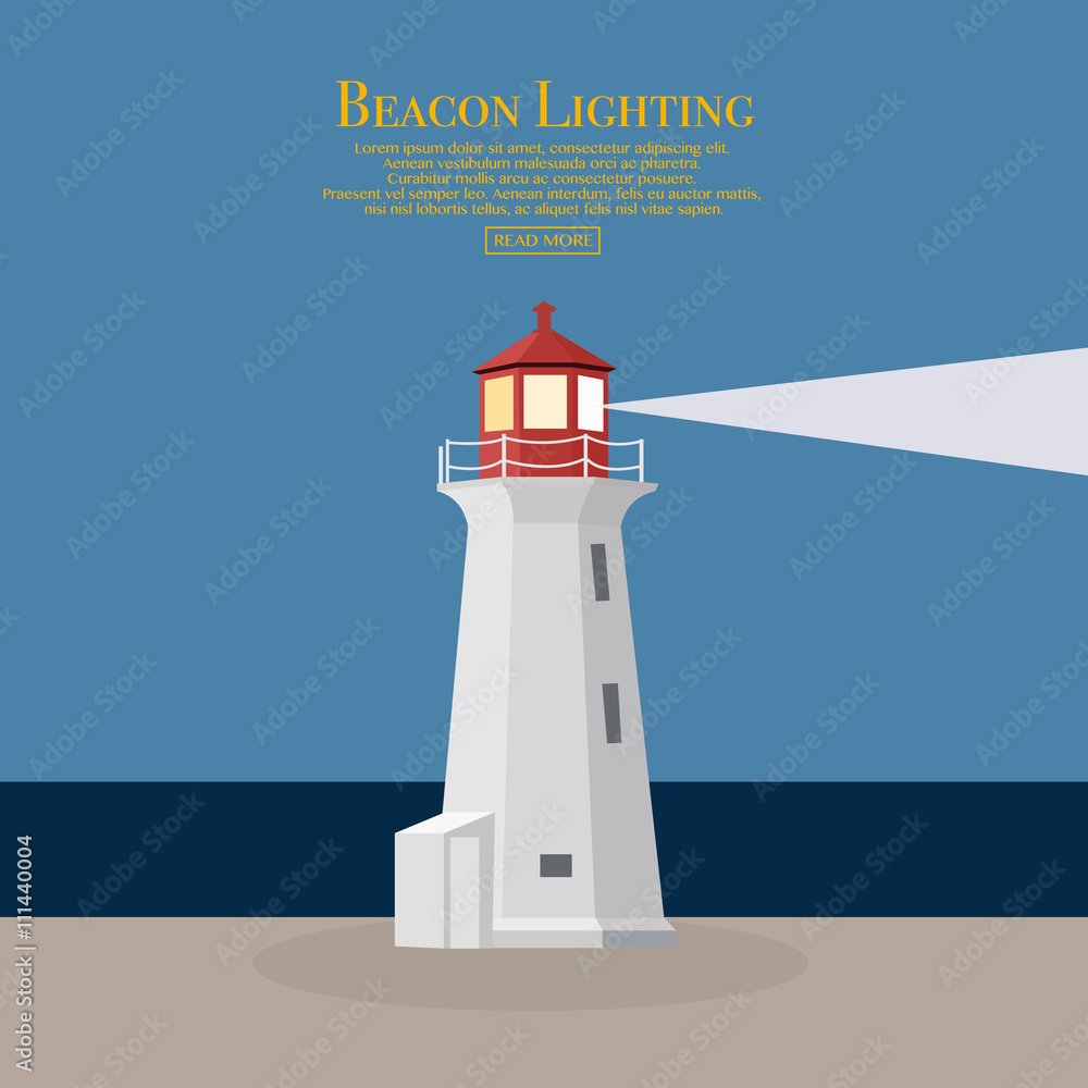 Cartoon flat lighthouses. Searchlight tower for maritime navigational ...