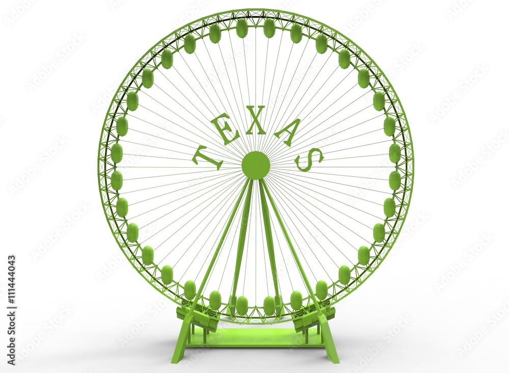 3d illustration of simple ferris wheel with Texas word. low poly ...