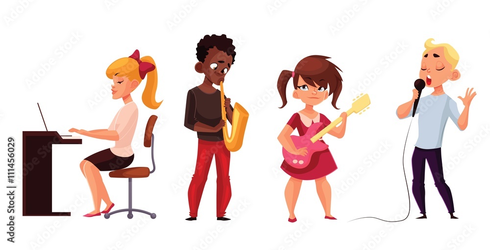 Other children play musical instruments and sing, comic cartoon vector ...