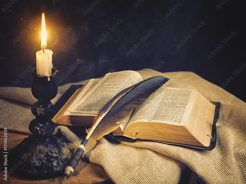 Old fashioned backgrounds with opened Holy Bible Stock Photo | Adobe Stock