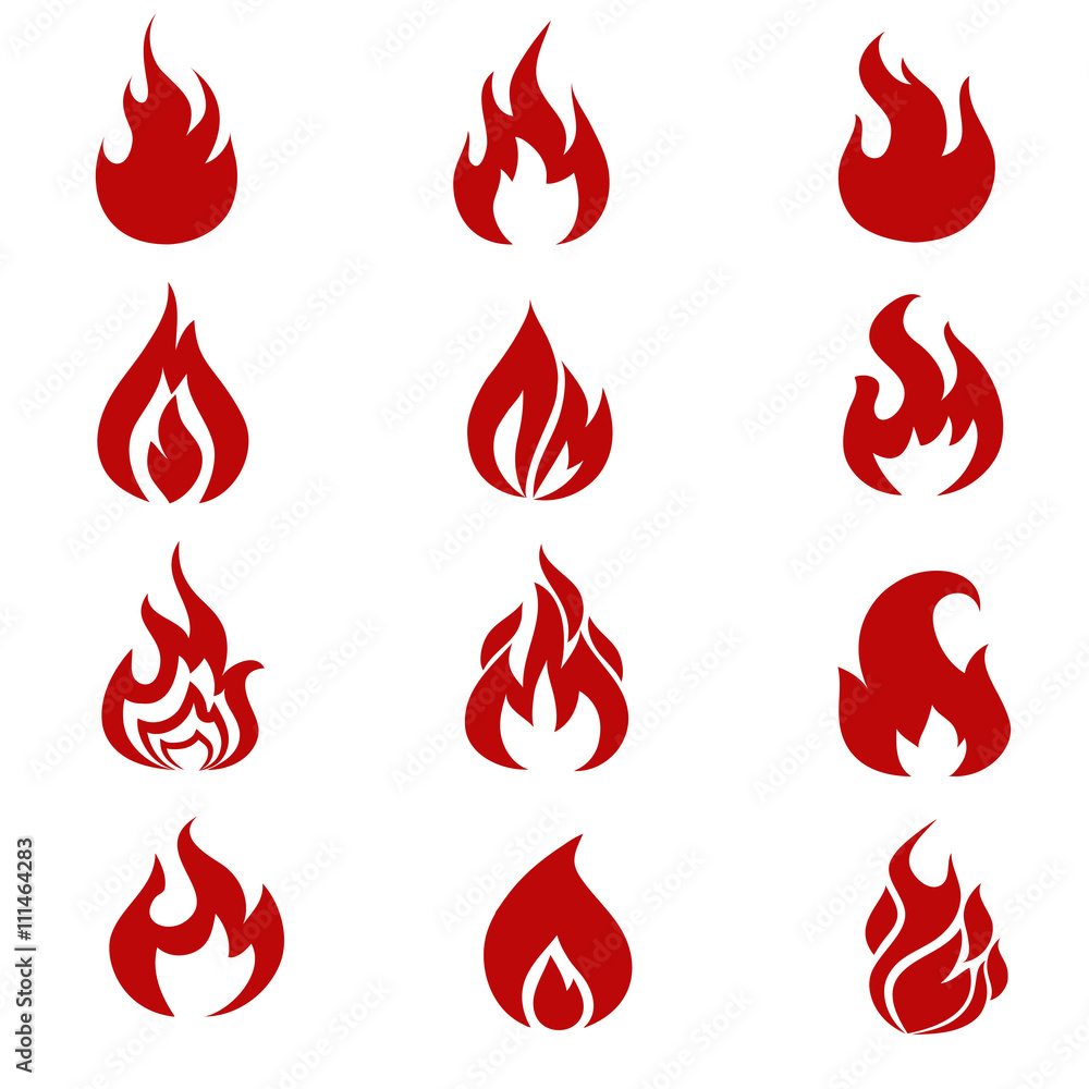 Red fire flames symbols, icons vector set. Fire power tattoo and hot ...