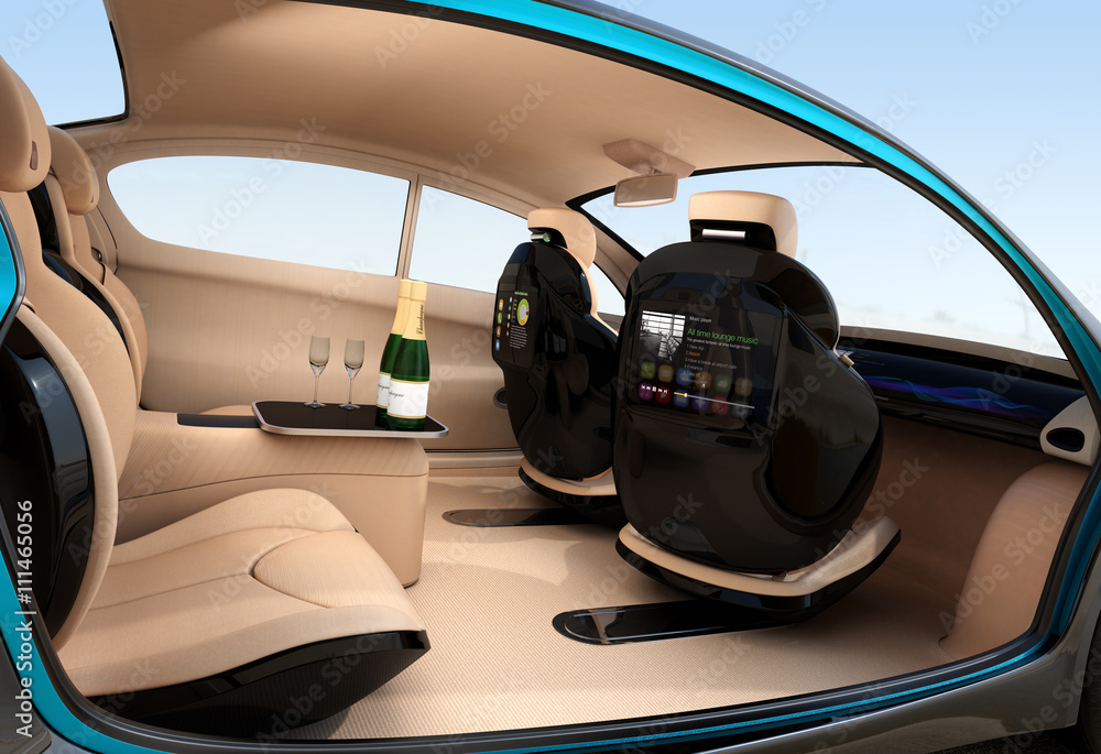 Autonomous car interior concept. Luxury interior serve cool drink ...