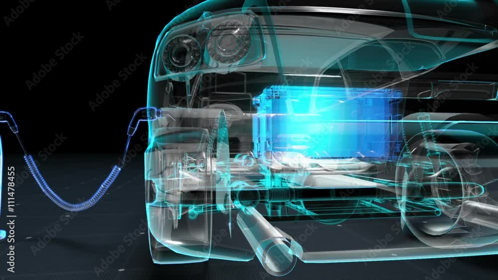 Electronic, hydrogen, lithium echo car. Charging car battery. X-ray ...