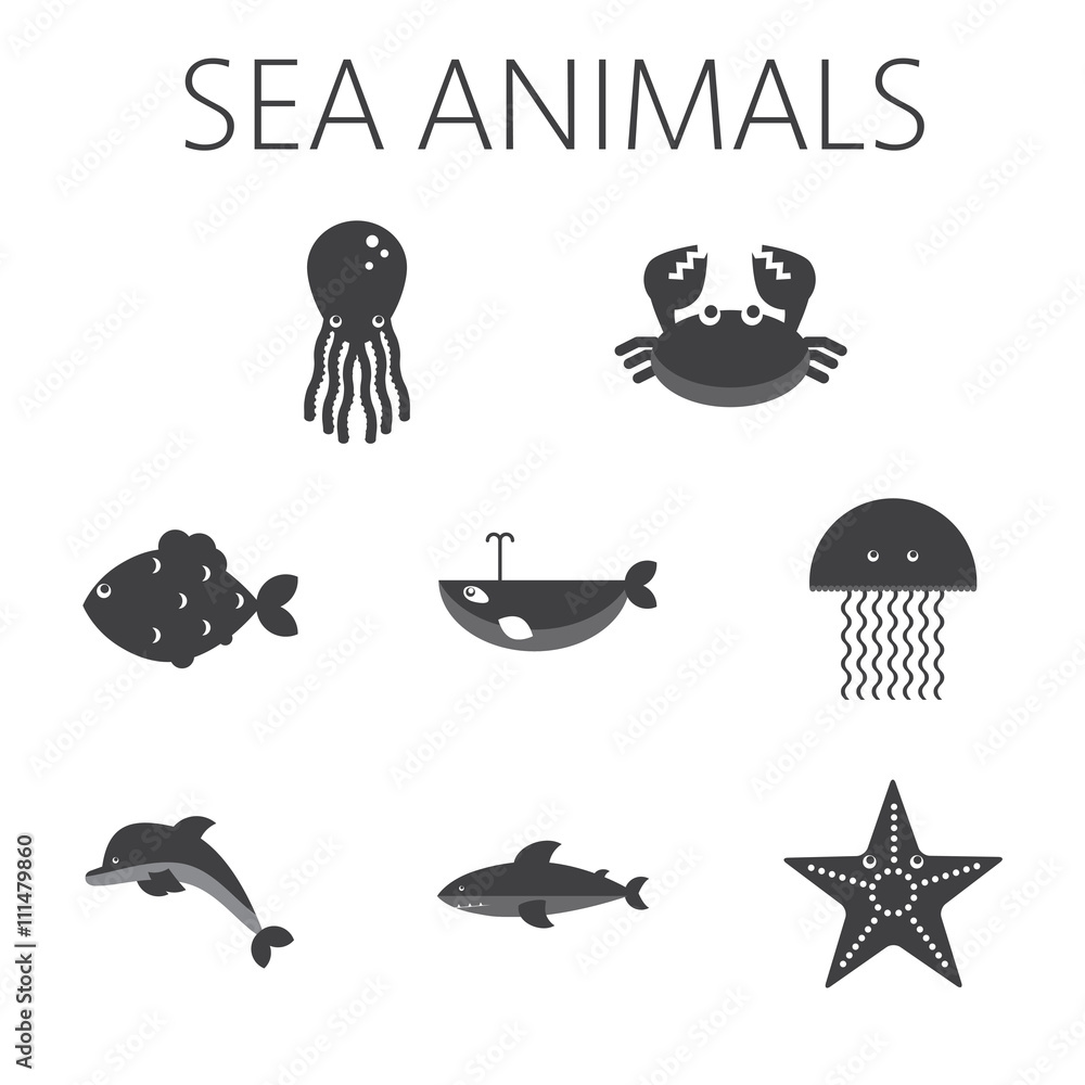 Black sea animal set in outlines with octopus, crab, fish, penguin ...