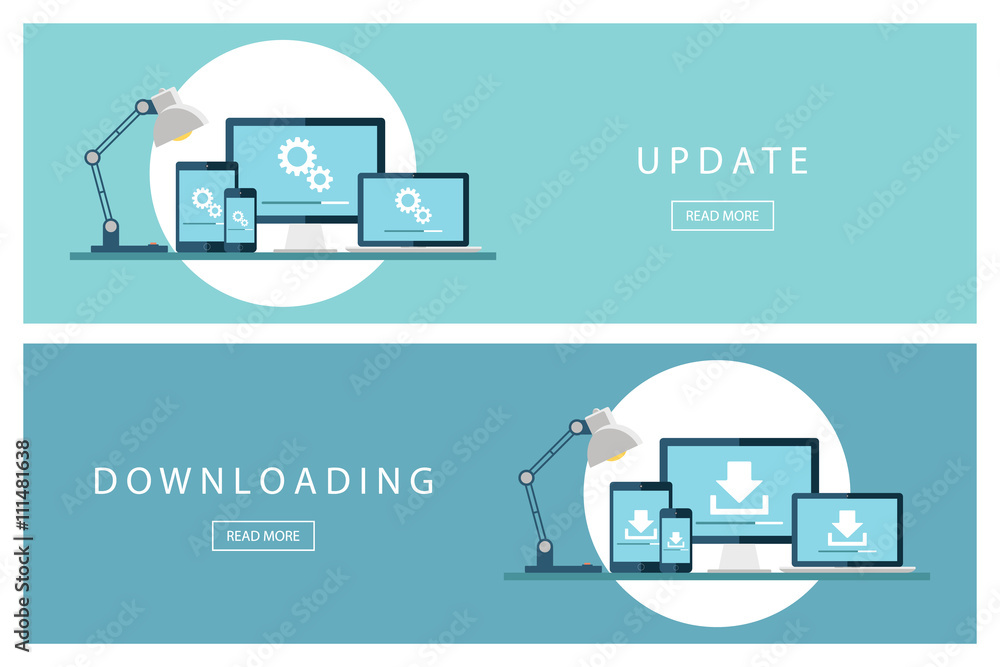 Set of flat design concepts Update and Downloading technology. Install ...