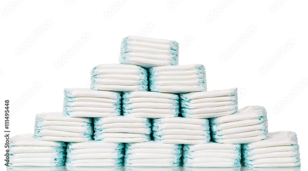 Stacks of diapers stacked in staggered rows isolated on white. Stock ...