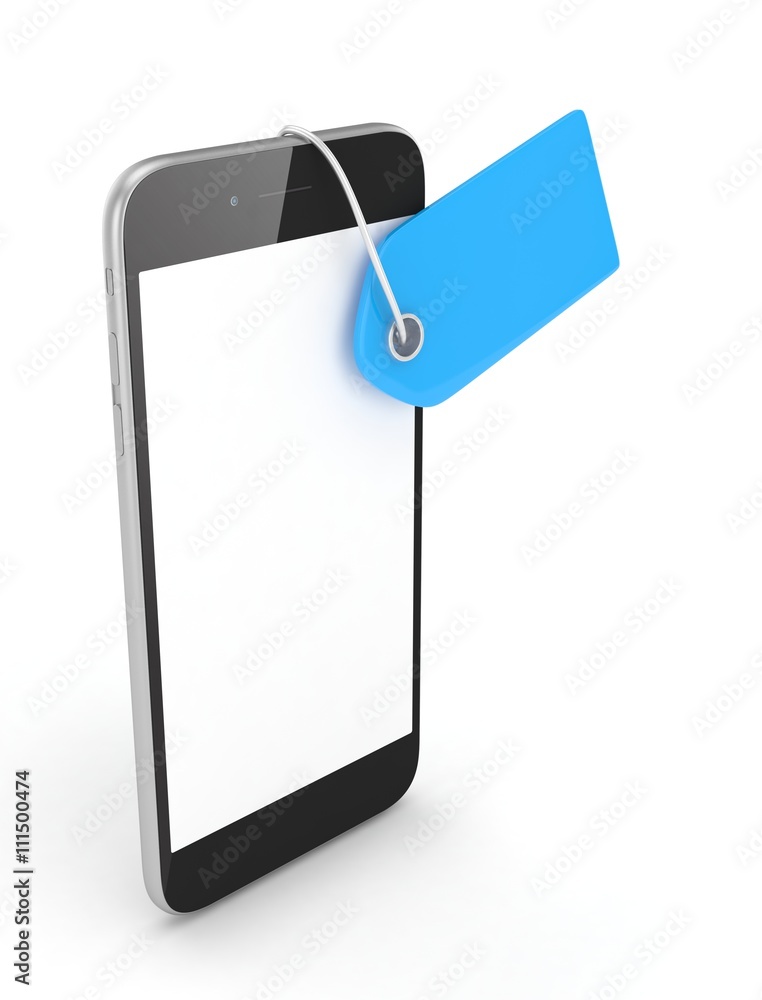 Smart phone with blue price tag on white background. Identification ...