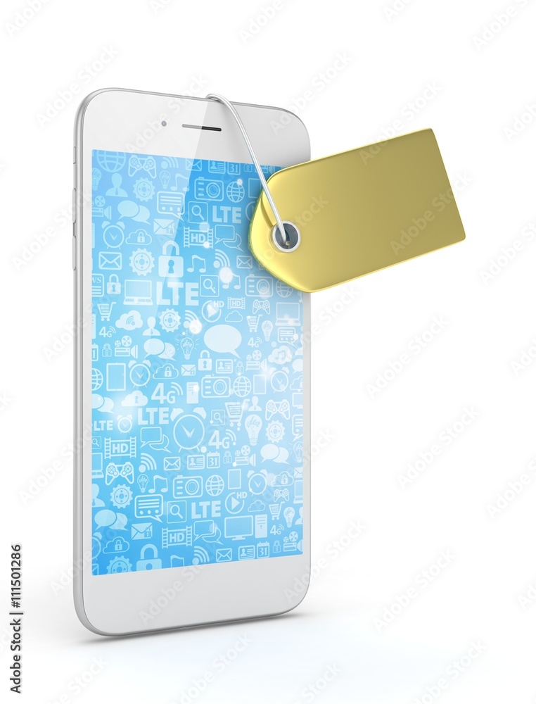 White smart phone with golden price tag on white background ...