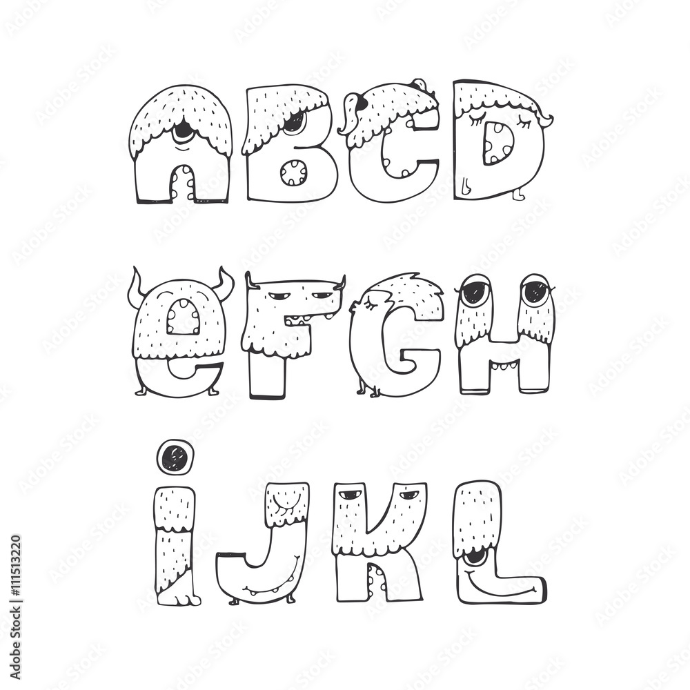 Vector set of fun funky monster font A to L, hand drawn, black and ...