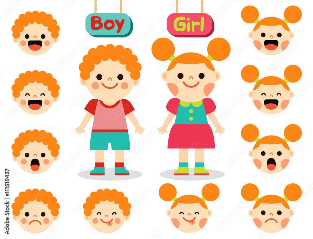 Cartoon boy and girl characters standing and smiling with collection of ...