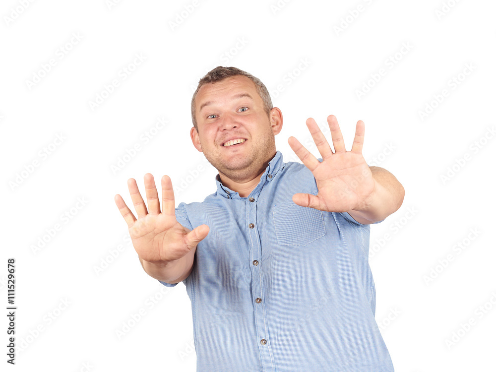 Fat man looking shocked scared trying to protect himself Stock Photo ...