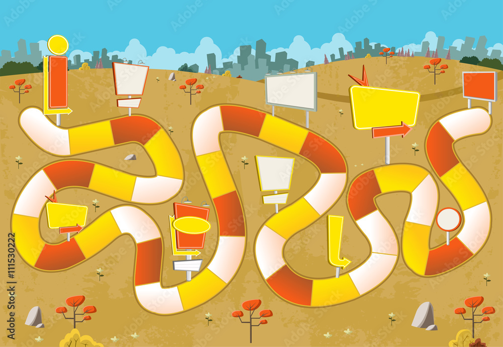 Board game with a block path on a yellow park with billboards. Ad signs ...