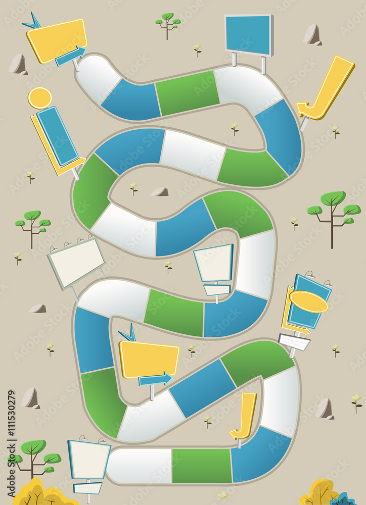 Board game with a block path on a park with billboards. Ad signs. Stock ...