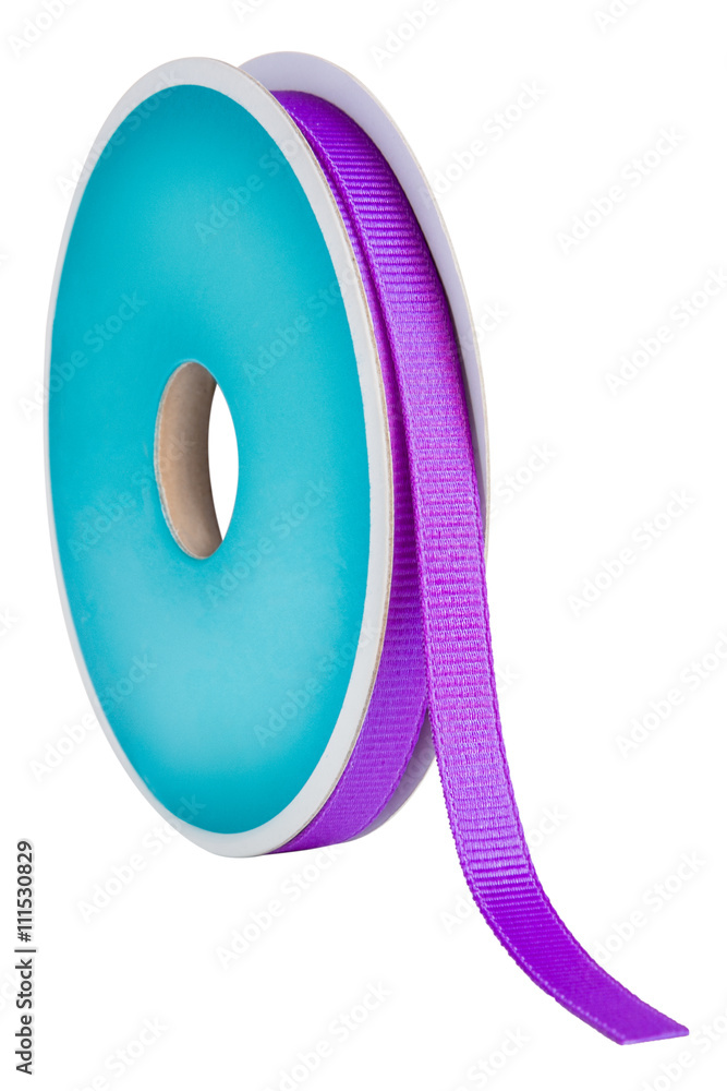 Reel of grosgrain violet ribbon isolated on white background. Soft ...