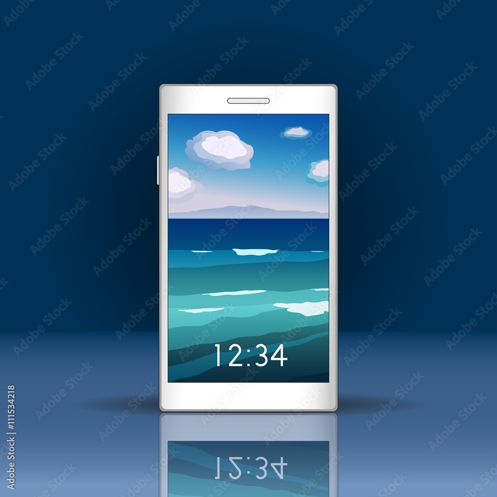 Vector illustration. Smartphone screen with sea landscape. Smartphone ...