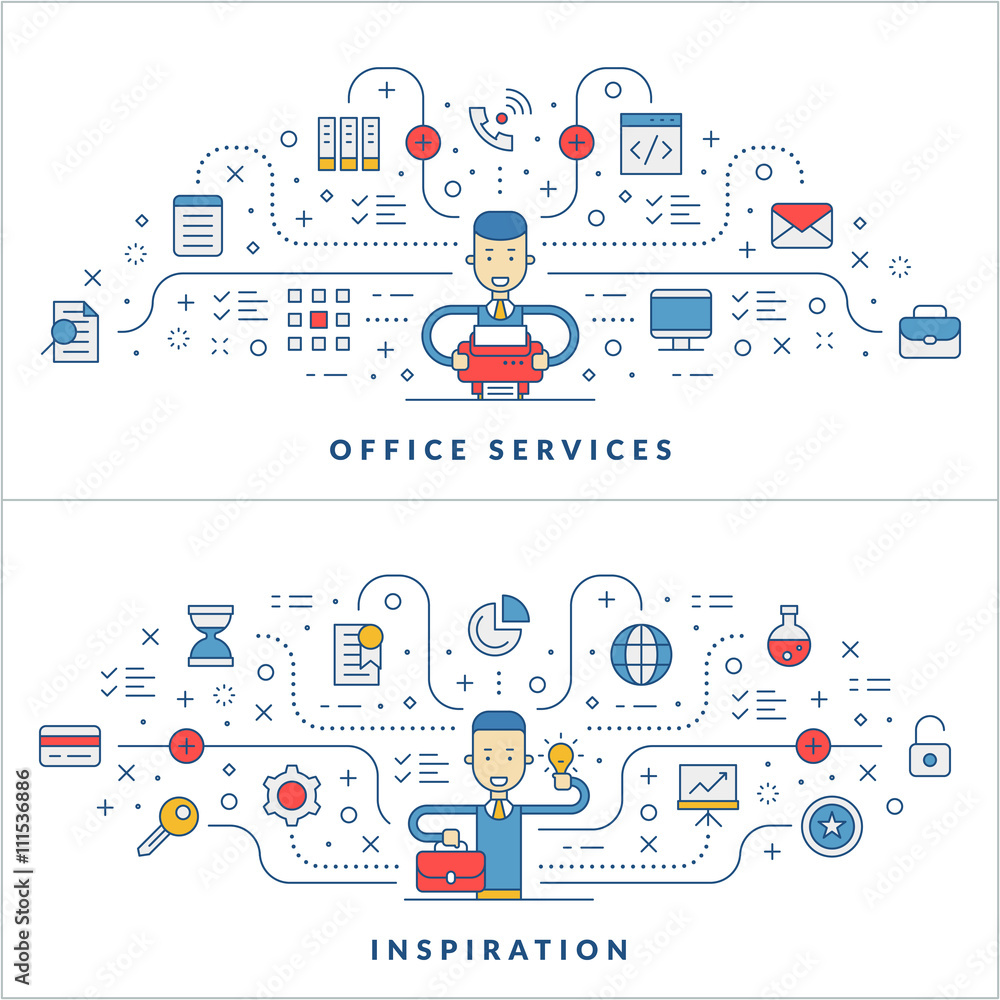 Office services. Inspiration. Flat line icons and businessman cartoon ...