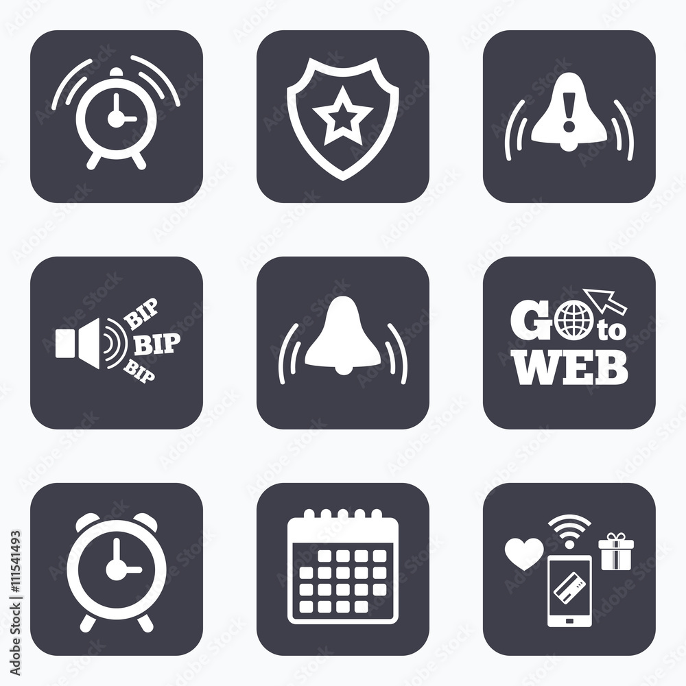 Alarm clock icons. Wake up bell signs symbols. Stock Vector | Adobe Stock