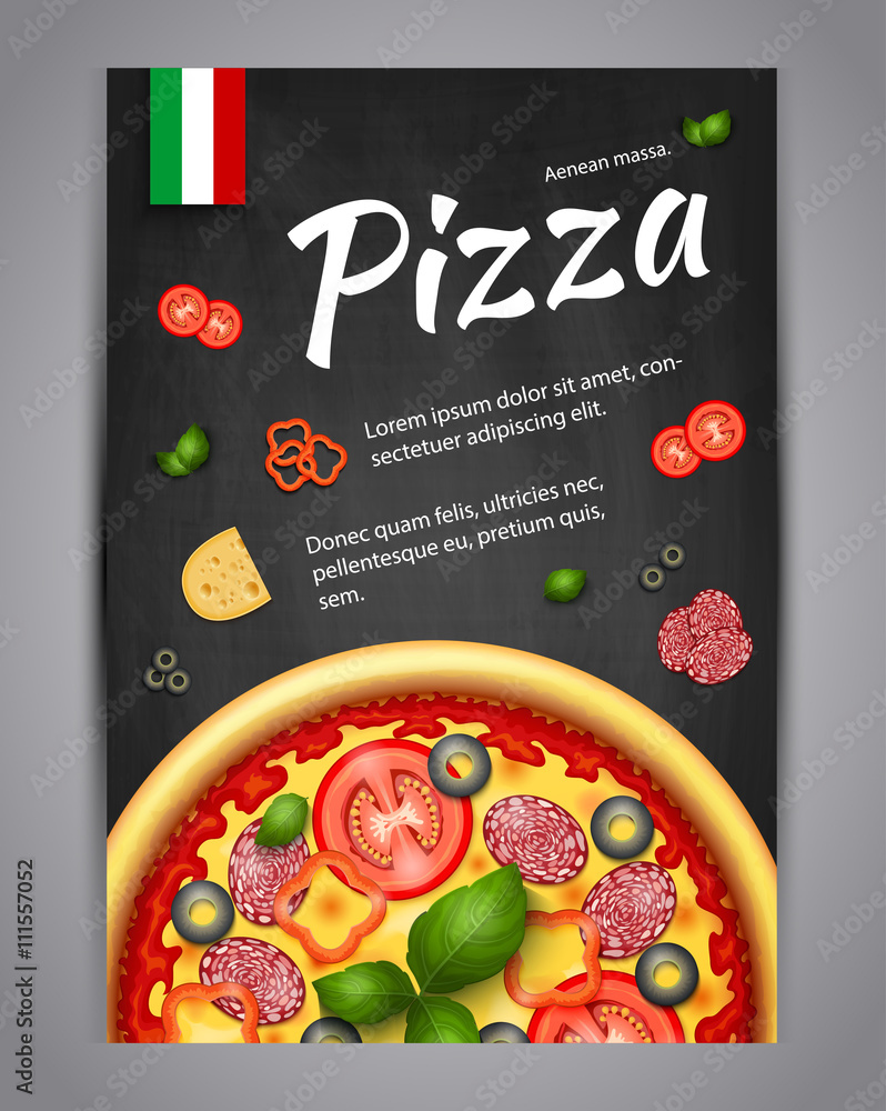 Realistic Pizza Pizzeria flyer vector background. Vertical Italian ...