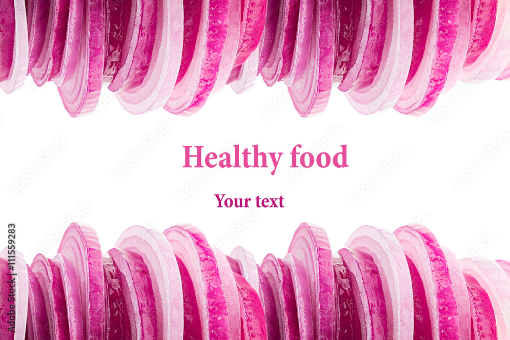 Pyramid from slices of pink onion. Border with copy space. Concept art ...