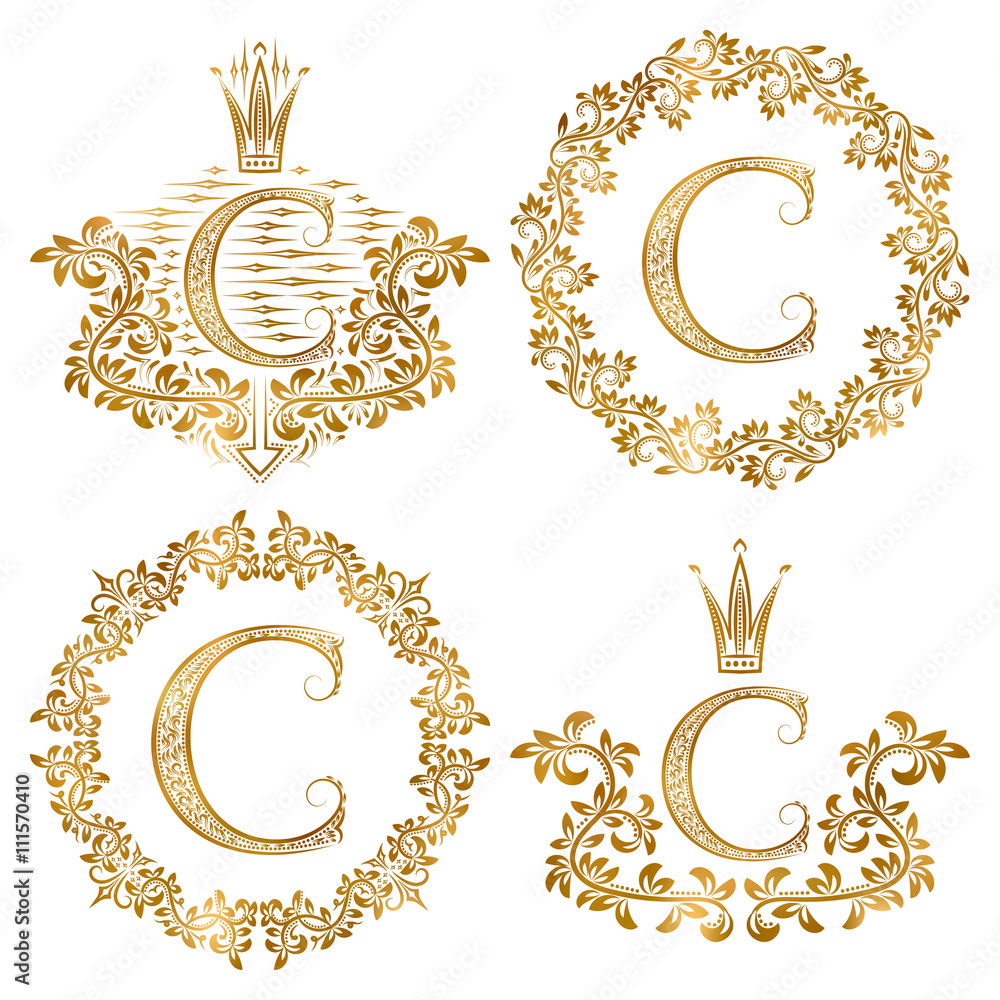 Golden letter C vintage monograms set. Heraldic monogram in coats of ...
