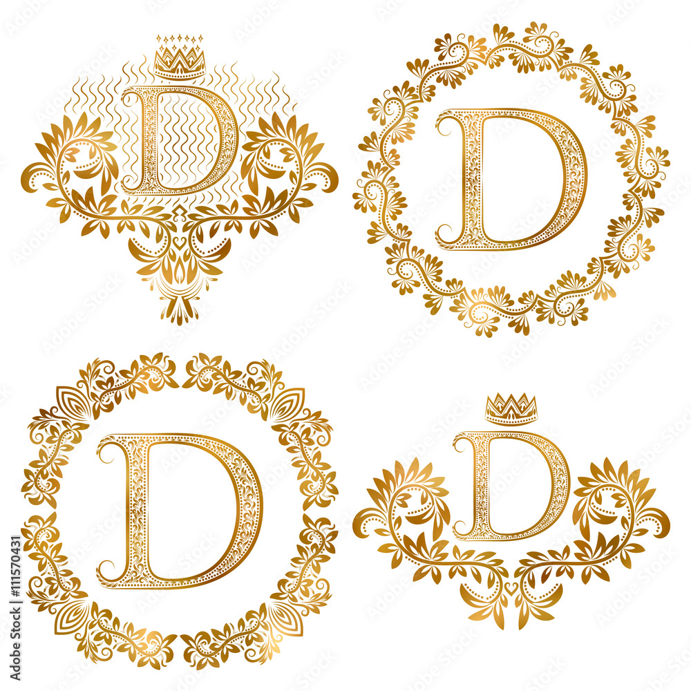 Golden letter D vintage monograms set. Heraldic monogram in coats of ...