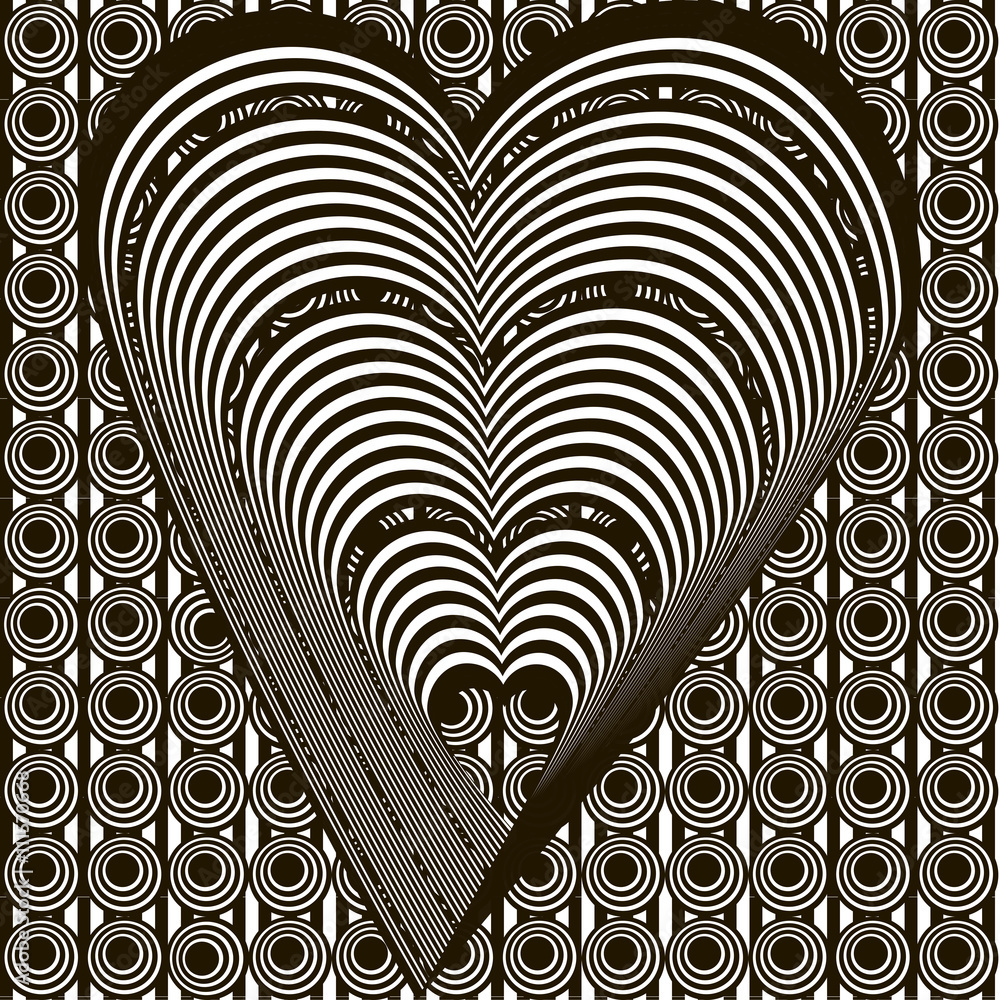 black and white vector optical illusion geometrical figure heart ...