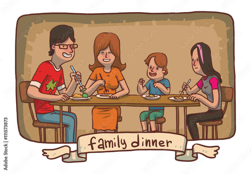 Vector cartoon image of a frame - family dinner. Father, mother ...