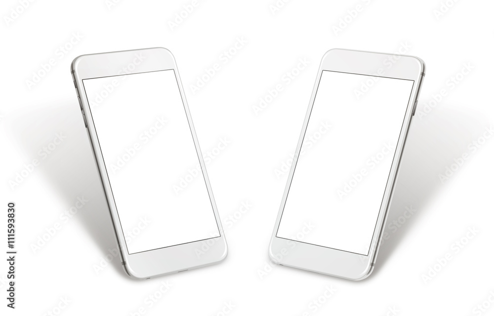 Isolated white smart phone. Two sided isometric view. Isolated screen ...