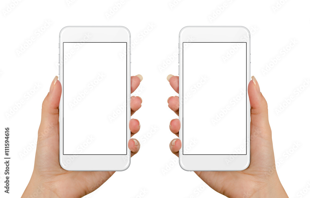 Smart phone in woman hand. Isolated screen for mockup. Left and right ...