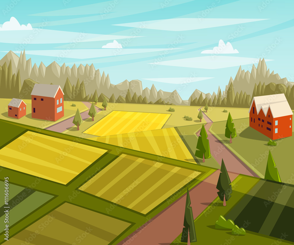 Farm fresh. Rural landscape with farmhouse, fields and trees. Cartoon ...
