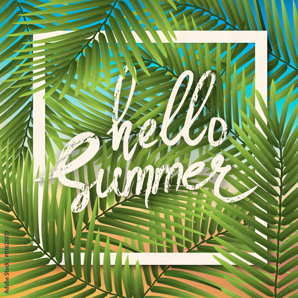 Hello Summer wallpaper typographical background with tropical pl Stock ...
