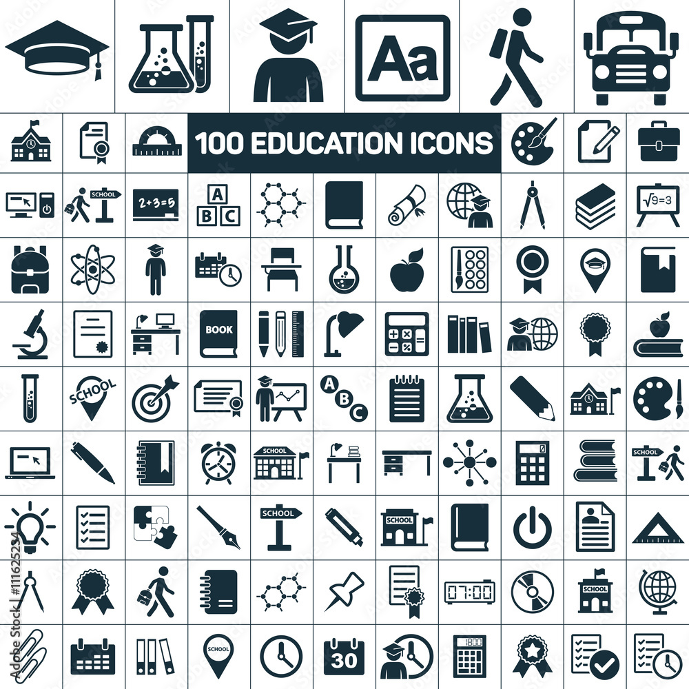 100 education school graduation icons set on white background Stock ...