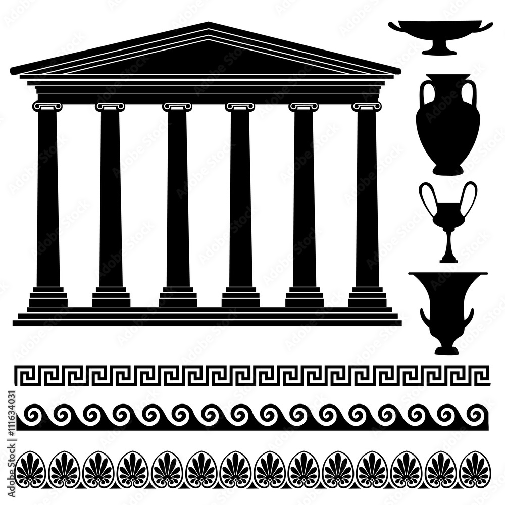 Travel Greece icon set Greek symbol: temple, vase, ornament. Stock ...