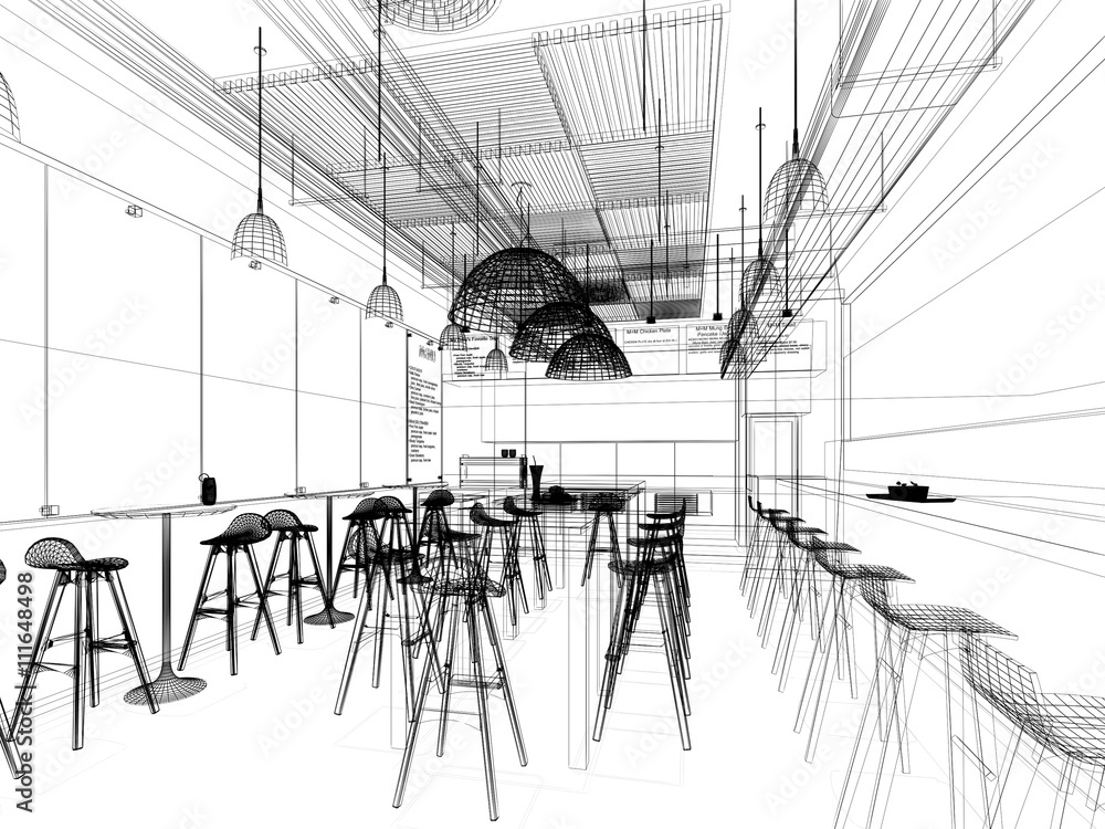 sketch design of resturant ,3d wire frame render Stock Illustration ...