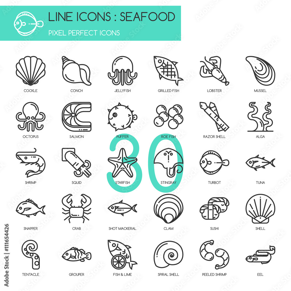 Seafood , thin line icons set ,pixel perfect icon Stock Vector | Adobe ...