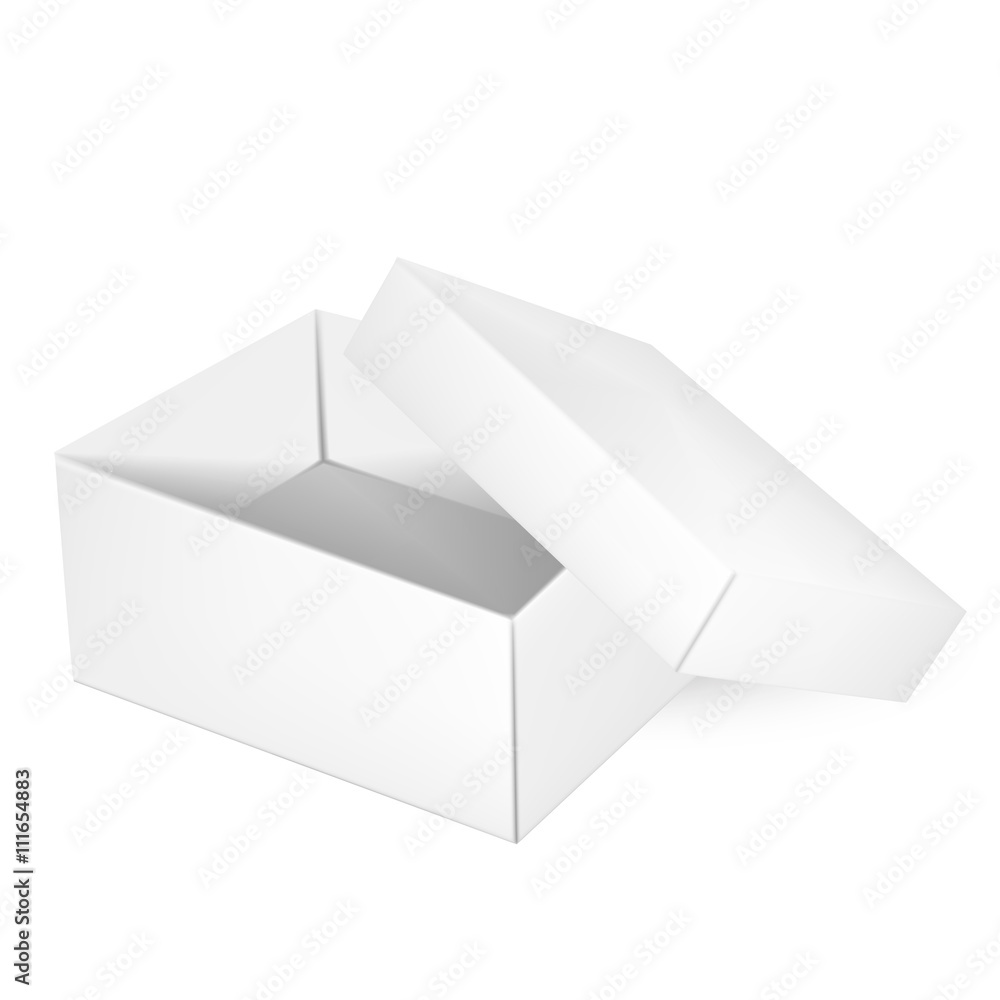 VECTOR PACKAGING: Top view of open white packaging box with cover on ...