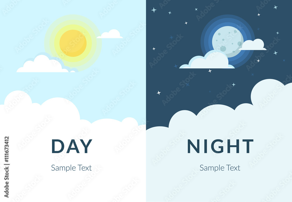 Half day and night, sun and moon with clouds. Flat illustration of sky ...