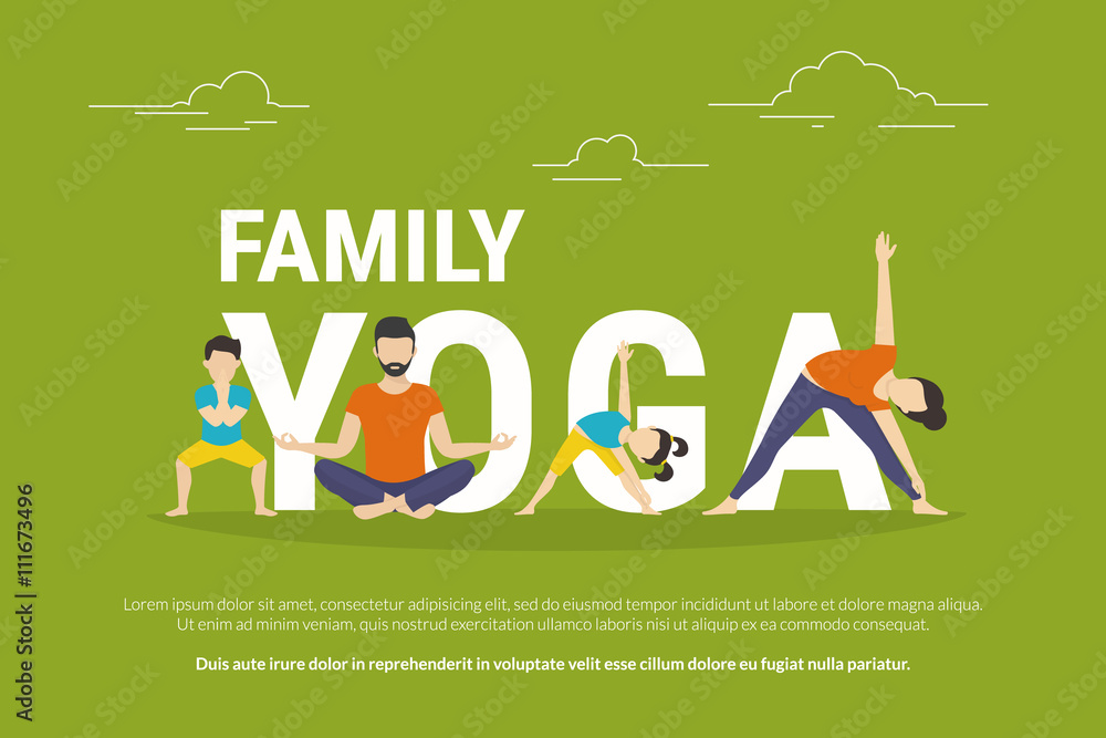 Family yoga concept illustration of people doing yoga exercises and ...